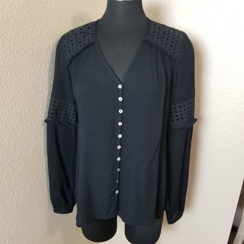Karen Kane Black Eyelet Button Front Blouse - Gem